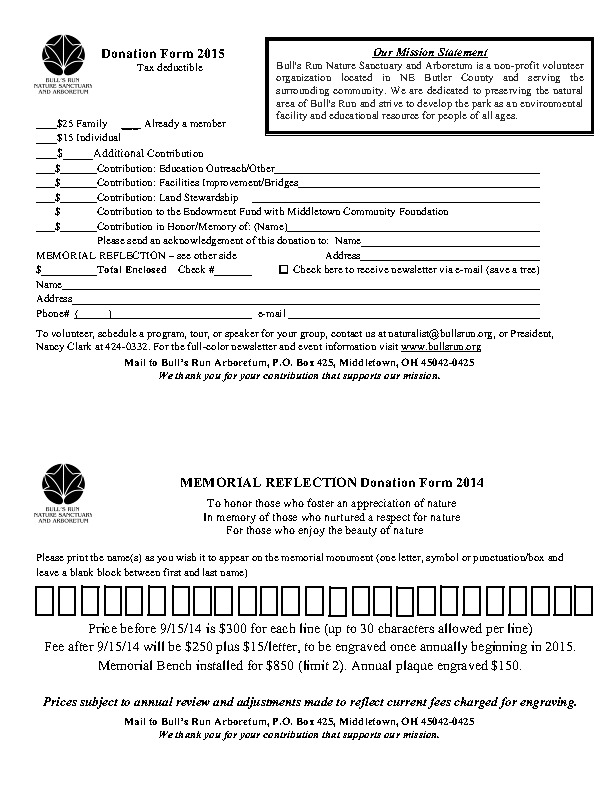 Donation and Memorial Form 2015 | Bull's Run Nature Sanctuary and Arboretum