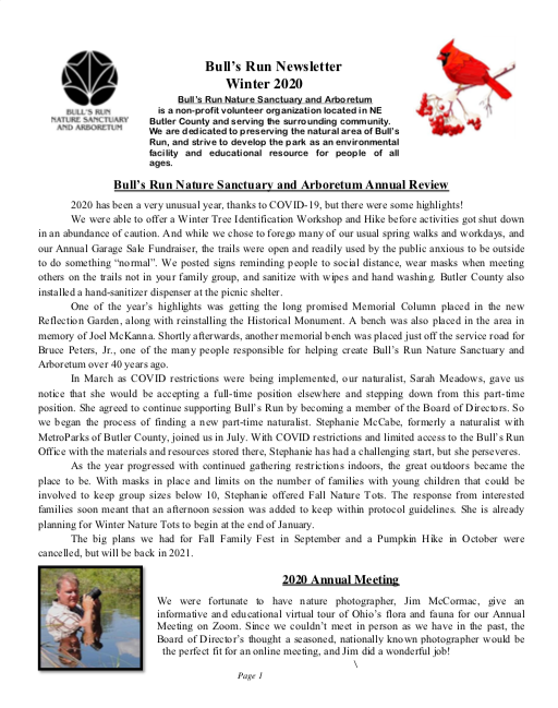 Winter 2020-2021 Newsletter | Bull's Run Nature Sanctuary and Arboretum